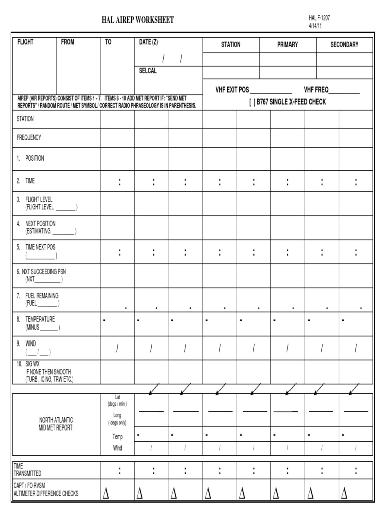 Hal Airep Worksheet: VHF Exit Pos VHF Freq B767 Single X-Feed Check ...