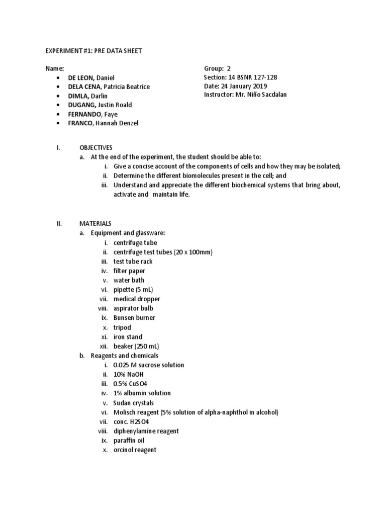 Pre Data Sheet 1 | PDF | Laboratory Equipment | Chemistry