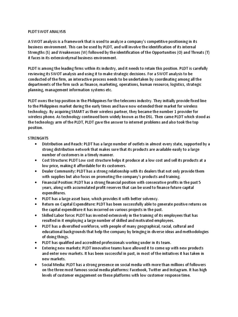 PLDT Swot Analysis | PDF | Swot Analysis | Marketing