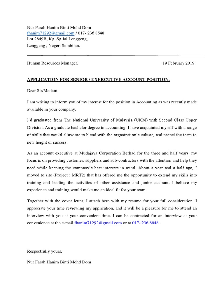 Cover Letter (Nur Farah Hanim) | PDF