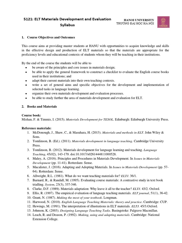 ELT Materials Development Syllabus - UC PDF | PDF | Homework | English ... ELT Materials Development Syllabus - UC PDF | PDF | Homework | English ...