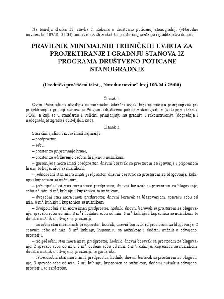 Minimalni Tehnicki Uvjeti Za Projektiranje I Gradnju Stanova | PDF