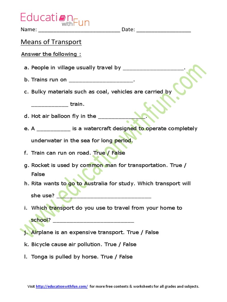 Class 2 Means of Transport Worksheet | PDF