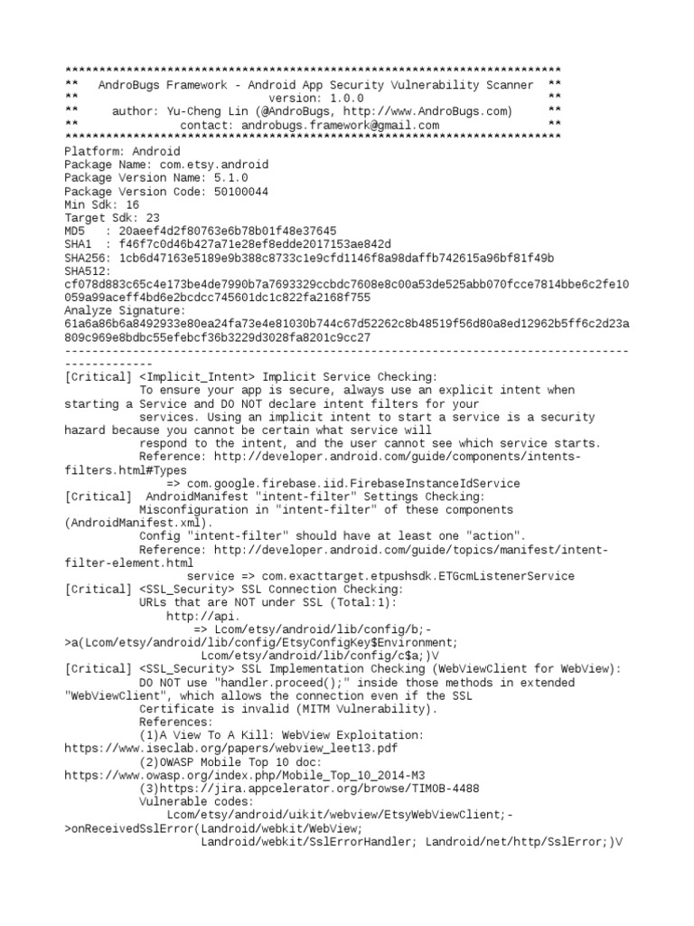 AndroBugs Framework Android App Security Scan Report for Etsy Mobile App Identifying ...