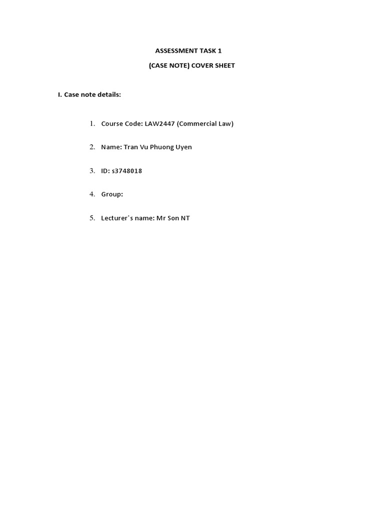 Assessment Task 1 (Case Note) Cover Sheet: 1. Course Code: LAW2447 ...