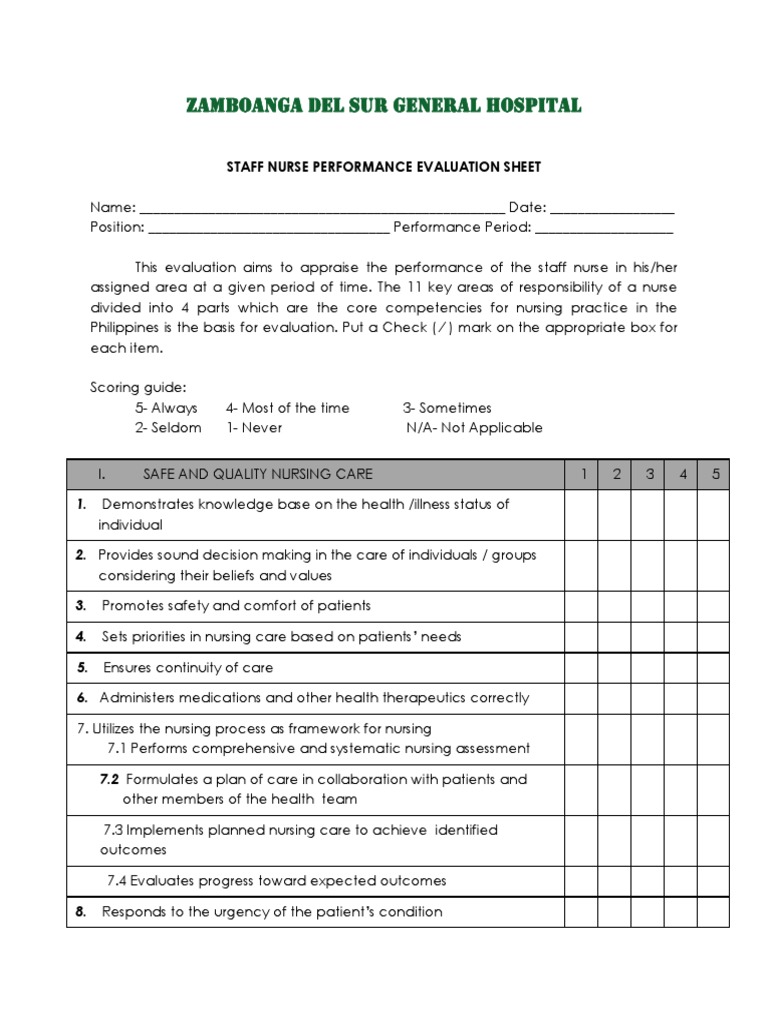 Zamboanga Del Sur General Hospital: Staff Nurse Performance Evaluation ...
