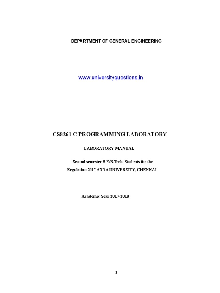 Laboratory Manual for CS8261 C Programming Laboratory - Academic Year 2017-2018 | PDF | Division ...
