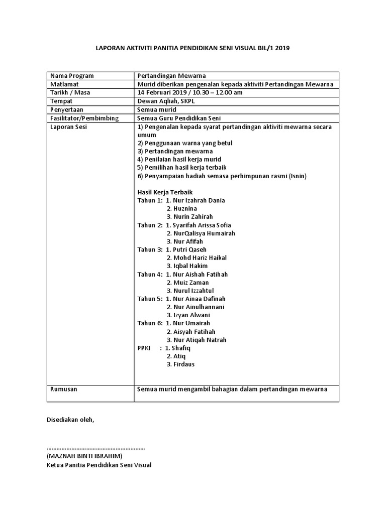 Laporan Aktiviti Panitia Pendidikan Seni Visual Bil | PDF