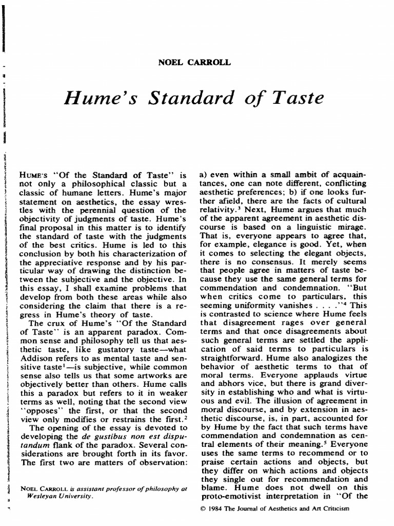 Noel Carroll Hume's Standard of Taste