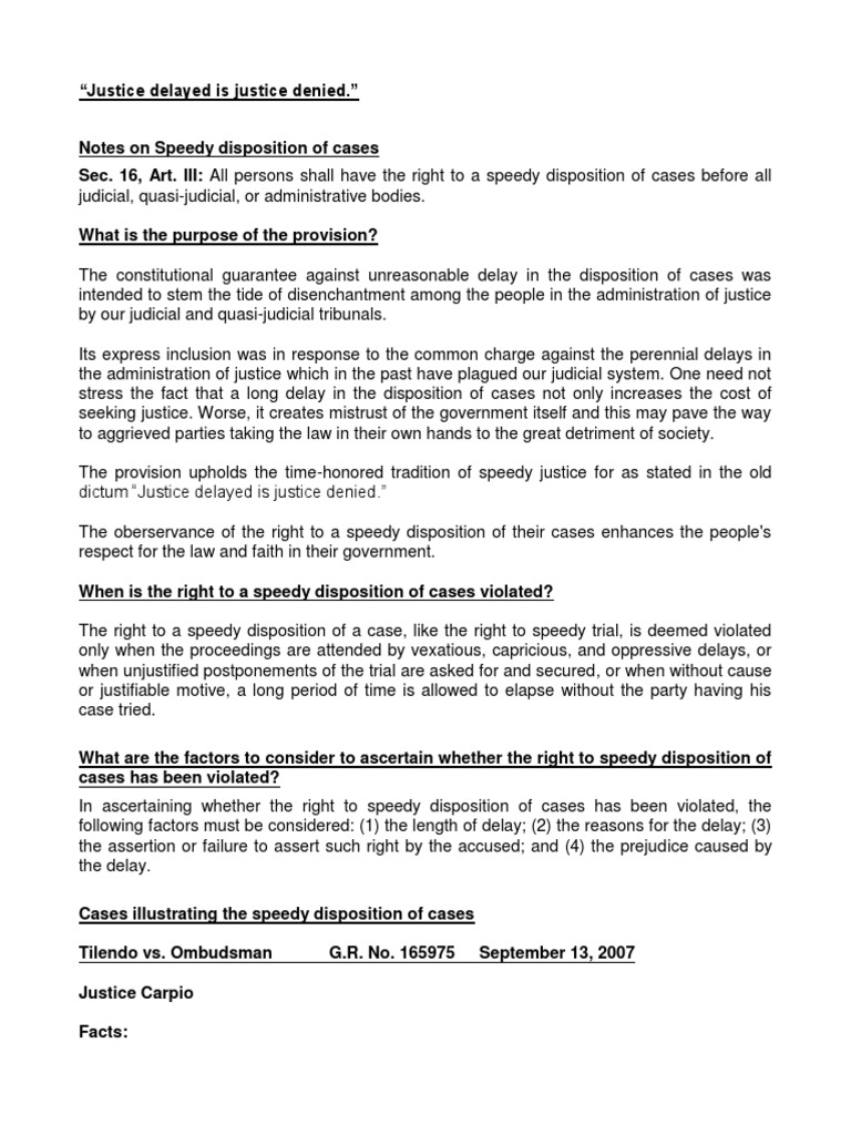 Right to Speedy Disposition of Cases | PDF | Complaint | Legal Concepts