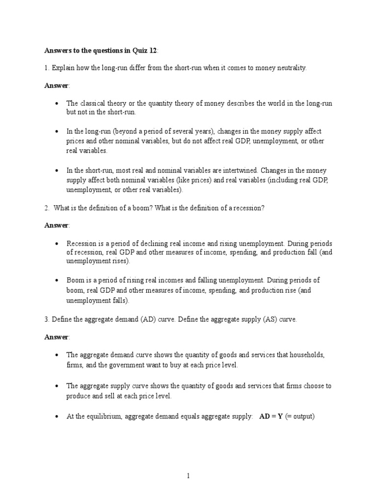 Answers To Quiz 12 | PDF | Aggregate Demand | Supply (Economics)
