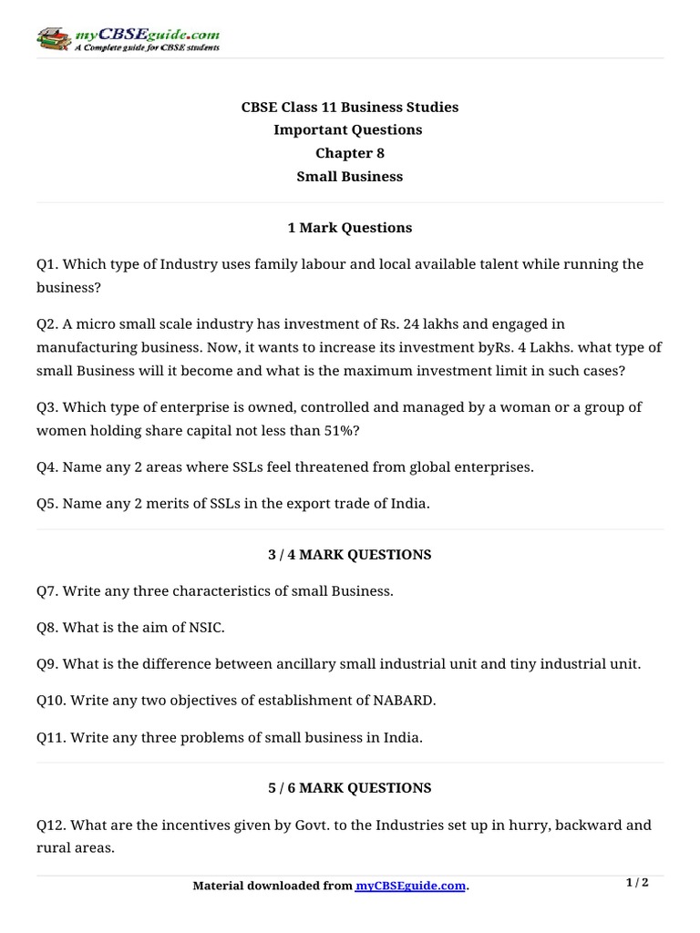 CBSE Class 11 Business Studies Important Questions Small Business | PDF ...