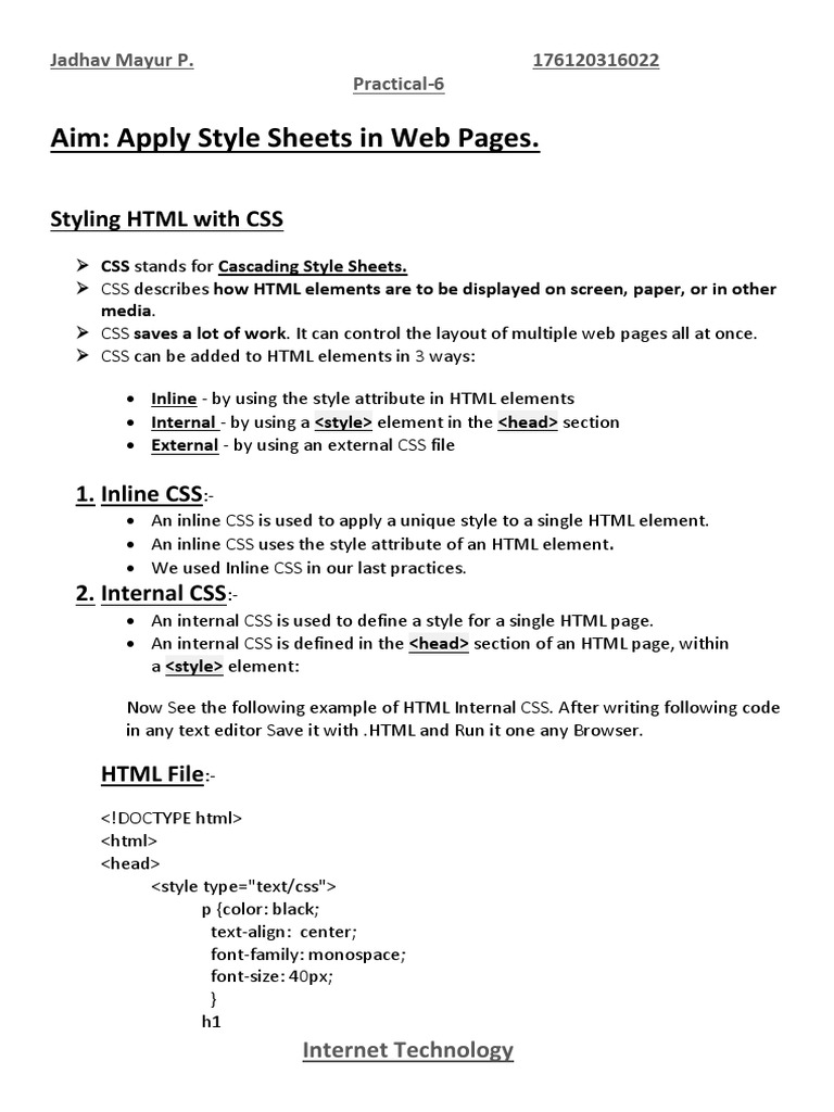 Aim: Apply Style Sheets in Web Pages.: Styling HTML With CSS | PDF ...