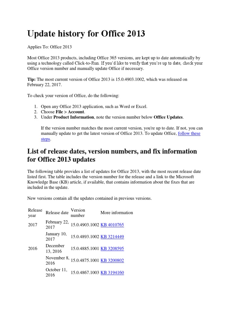 Office 2013 Update History Overview | PDF | Microsoft Office 2013 ...