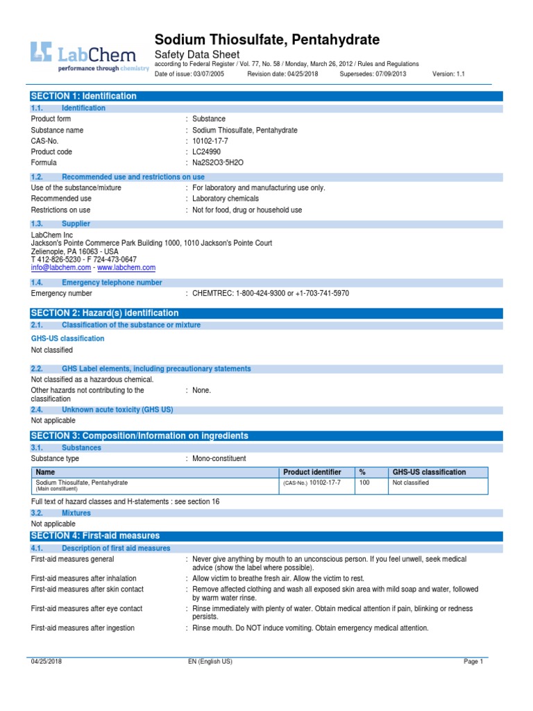 Msds Na2S2O3.5H2O | PDF | Toxicity | Firefighting