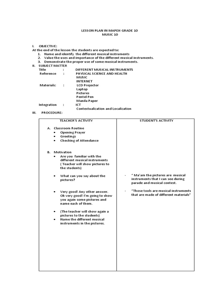 Grade 10 MAPEH: Musical Instruments Lesson | PDF | Musical Instruments ...