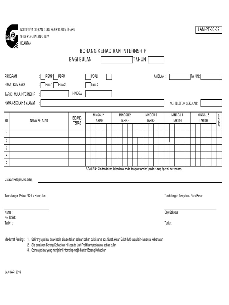 Borang Kehadiran Internship 2019 PDF | PDF
