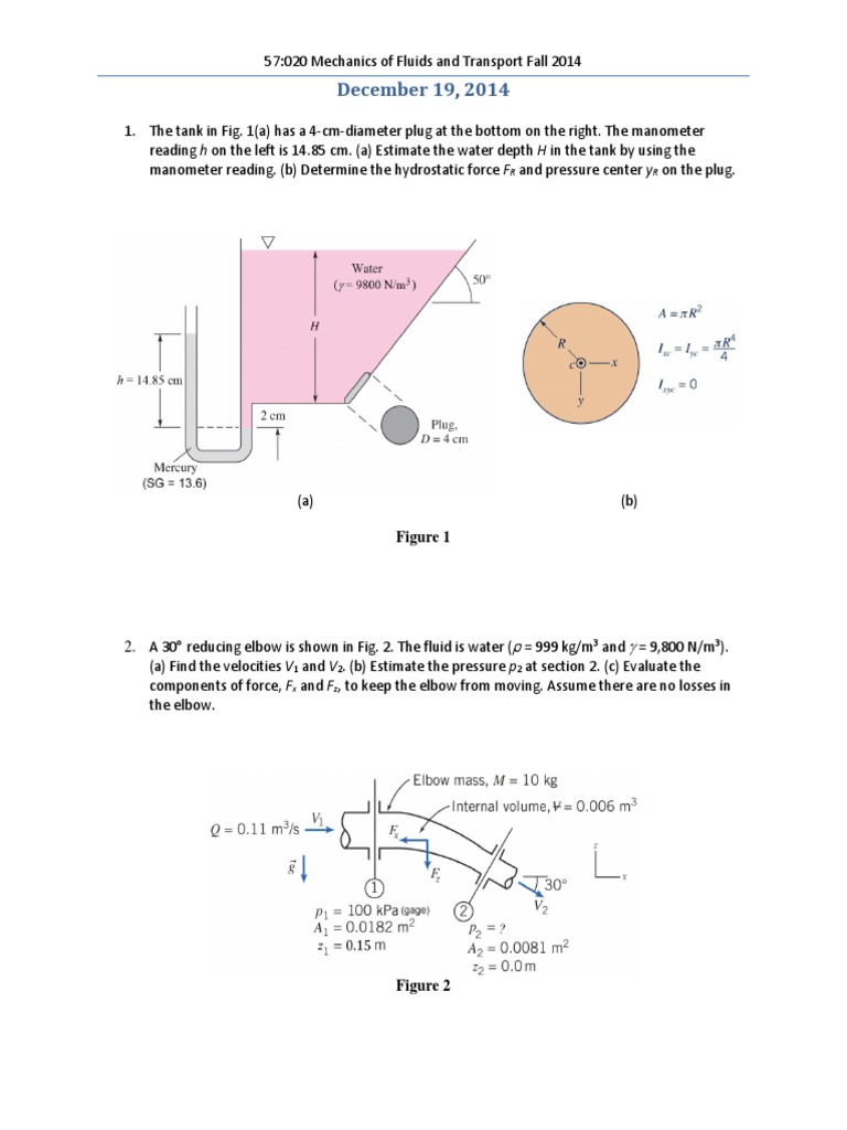 Exam3 2014 Problems | PDF | Fluid Dynamics | Drag (Physics)