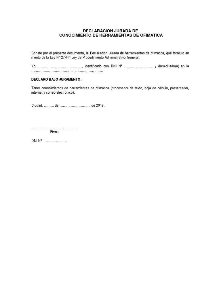Declaracion Jurada de Conocimiento de Herramientas de Ofimatica | PDF