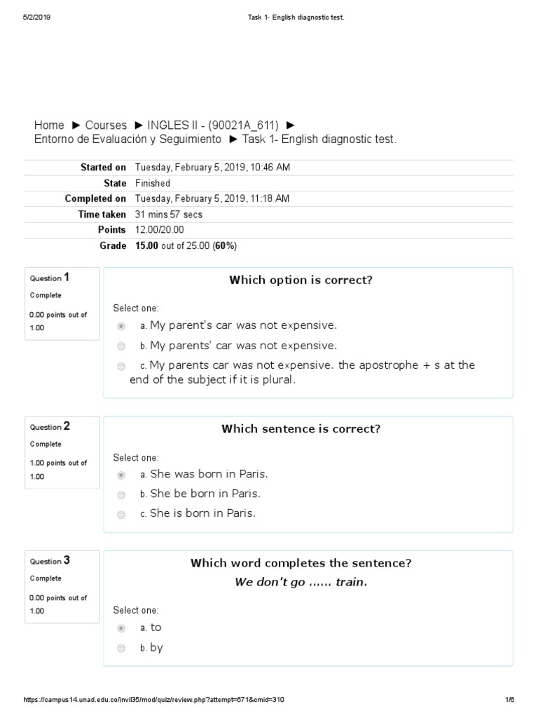 Task 1 - English Diagnostic Test | PDF | English Language | Question