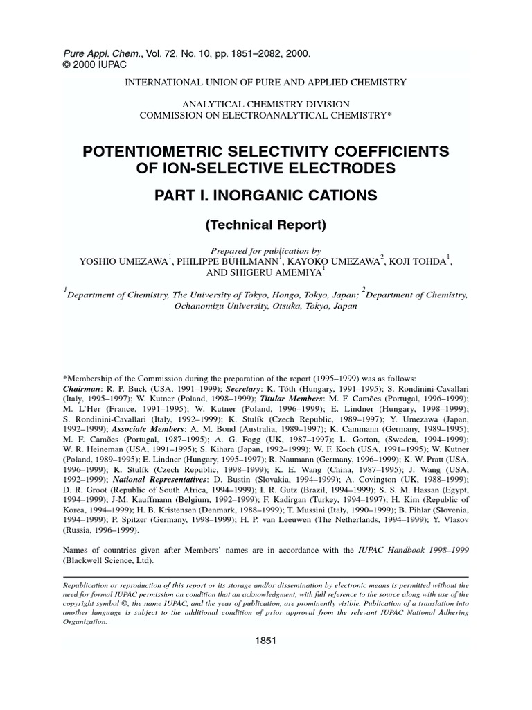 Potentiometric Selectivity Coefficients of Ion-Selective Electrodes ...