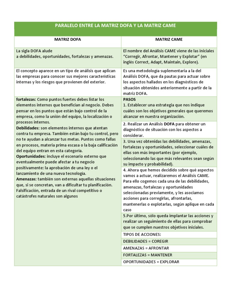 PARALELO ENTRE LA MATRIZ DOFA Y LA MATRIZ CAME.docx | Análisis FODA | Cognición