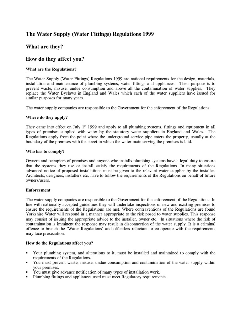 Water Regulations 1999 Summary | PDF | Plumbing | Water Supply