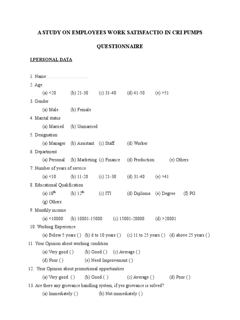 A Study On Employees Work Satisfactio in Cri Pumps Questionnaire | PDF ...