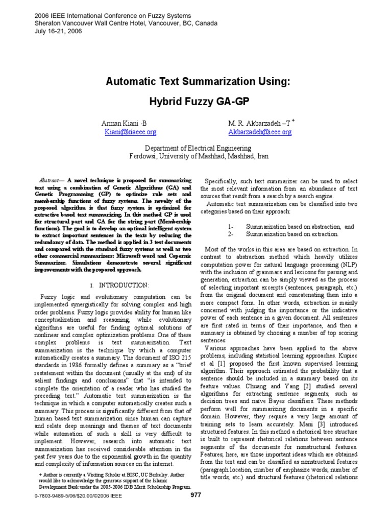 Automatic Text Summarization Using: Hybrid Fuzzy GA-GP | PDF | Mathematical Optimization ...