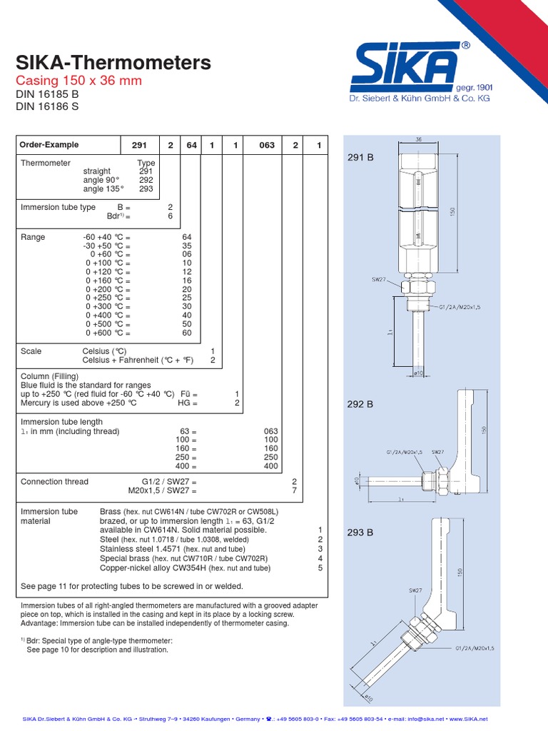 SIKA-Thermometers: Casing 150 X 36 MM | PDF | Celsius | Pipe (Fluid ...