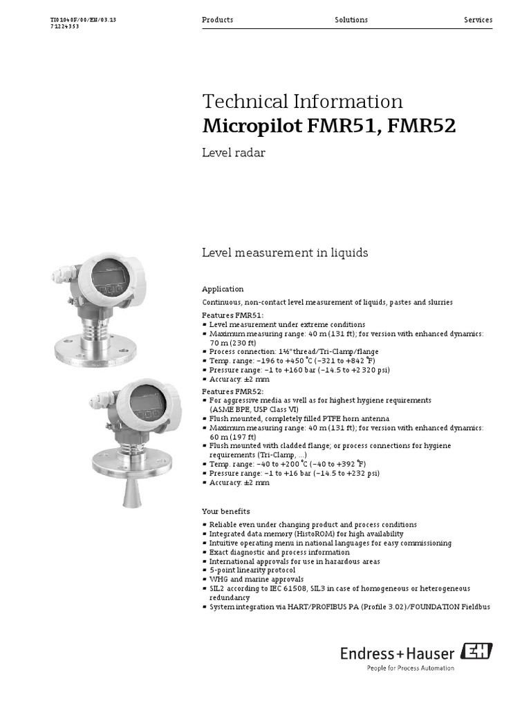 Technical Information Micropilot FMR51, FMR52: Level Radar | PDF ...