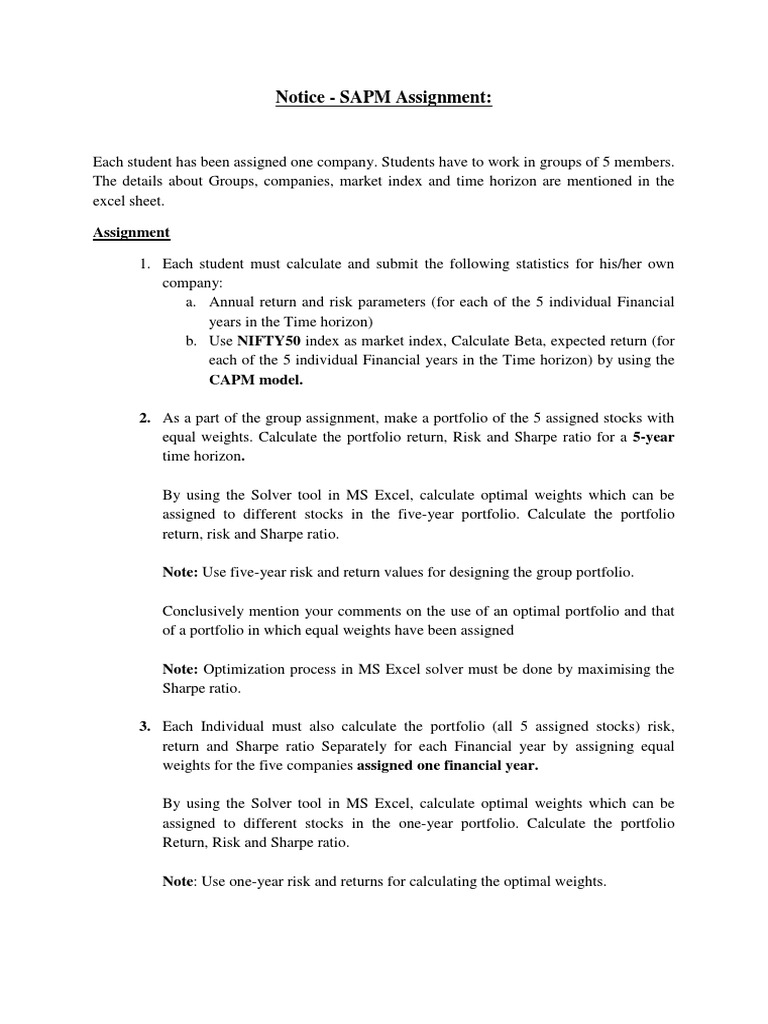 SAPM Assignment | PDF | Portfolio (Finance) | Sharpe Ratio