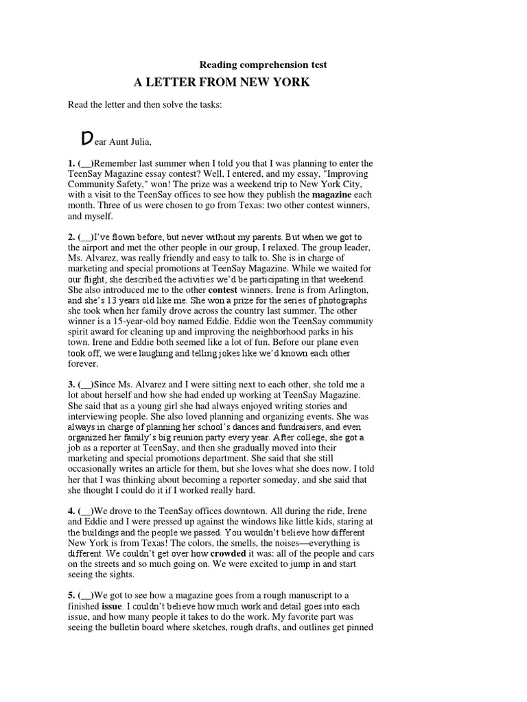 A Letter From New York: Reading Comprehension Test | PDF
