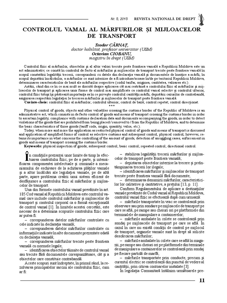Controlul Vamal Al Marfurilor Si Mijloacelor de Transport PDF | PDF