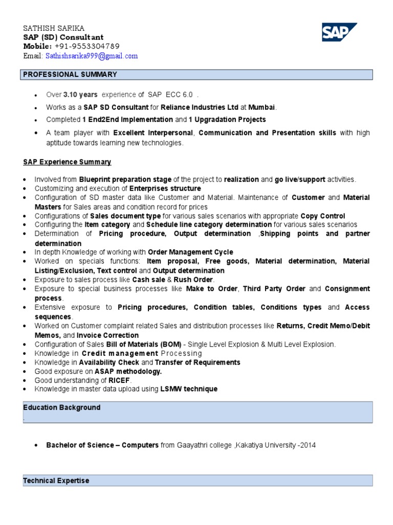 Sathish (SAP SD) Resume | PDF | Sap Se | Sales
