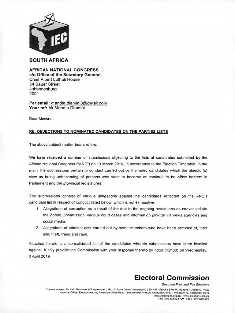 Electoral Commission of South Africa Letter To The ANC | PDF | African ...