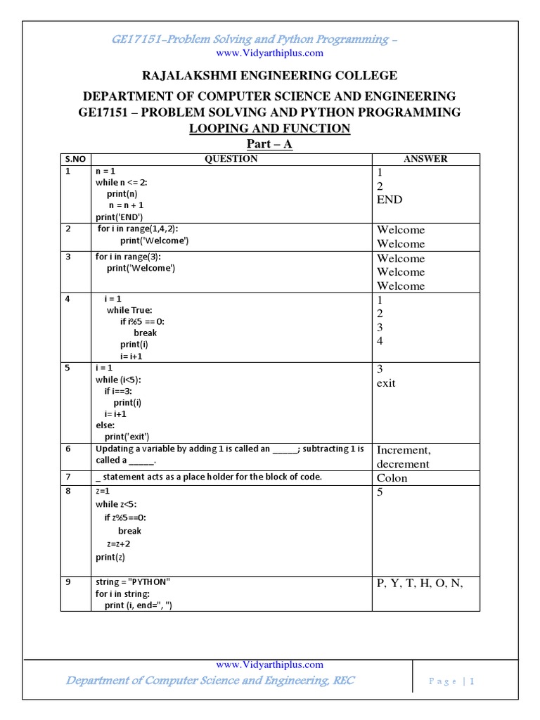 Looping Structures Functions And Strings In Python A Question Bank Pdf Parameter