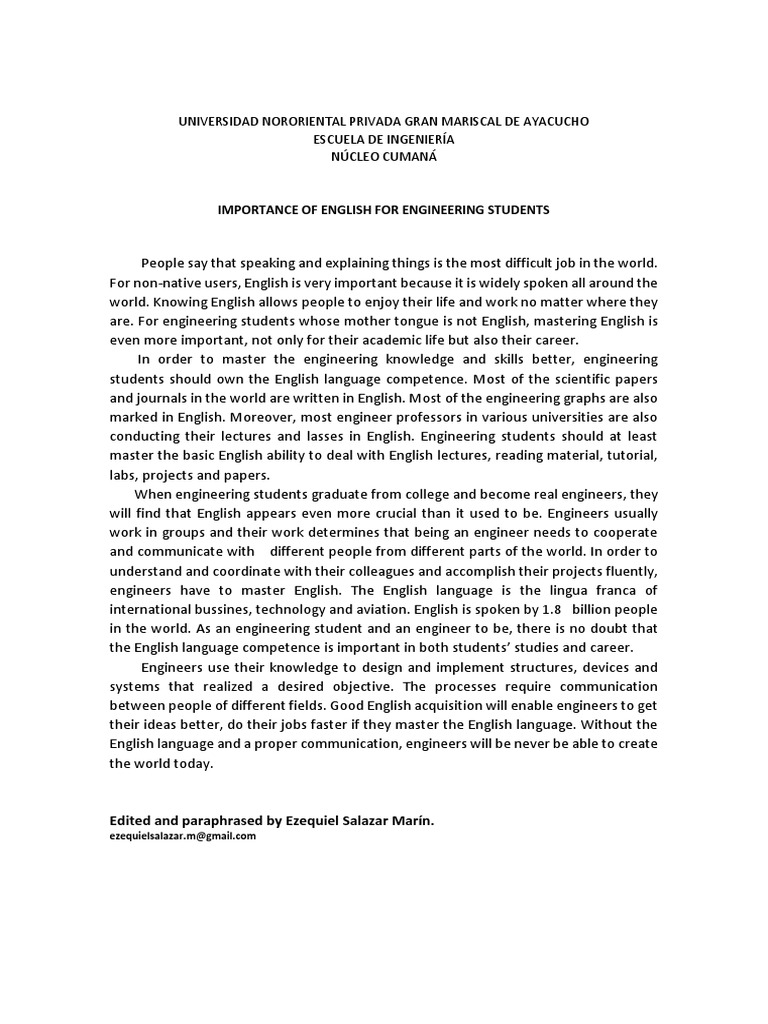 Importance of English Engineering | PDF | English Language | Engineer