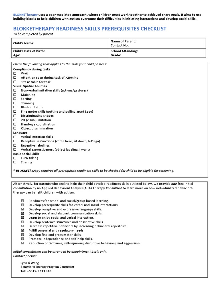 Blokketherapy Readiness Skills Prerequisites Checklist: To Be Completed ...