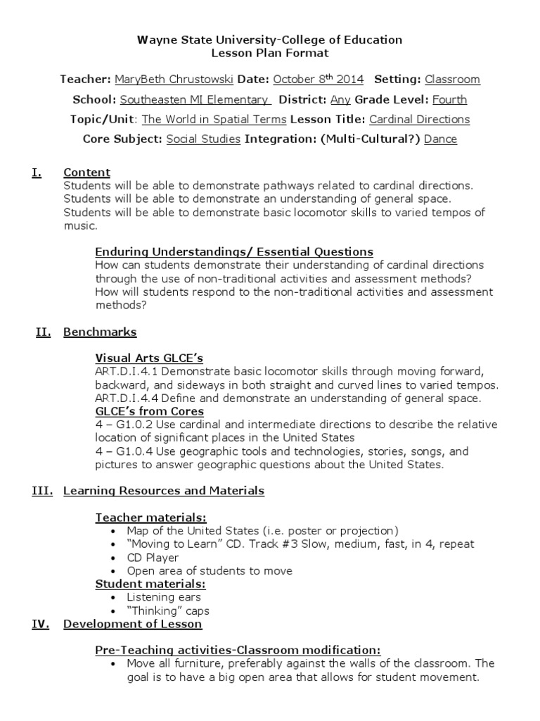 Cardinal Directions - Dance Lesson Plan | PDF | Lesson Plan | Classroom