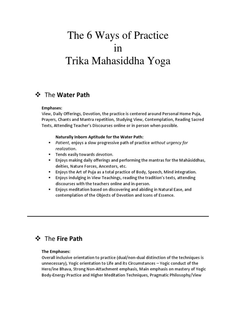 The 6 Ways of Practice in Trika Mahāsiddha Yoga | PDF | Meditation | Yoga