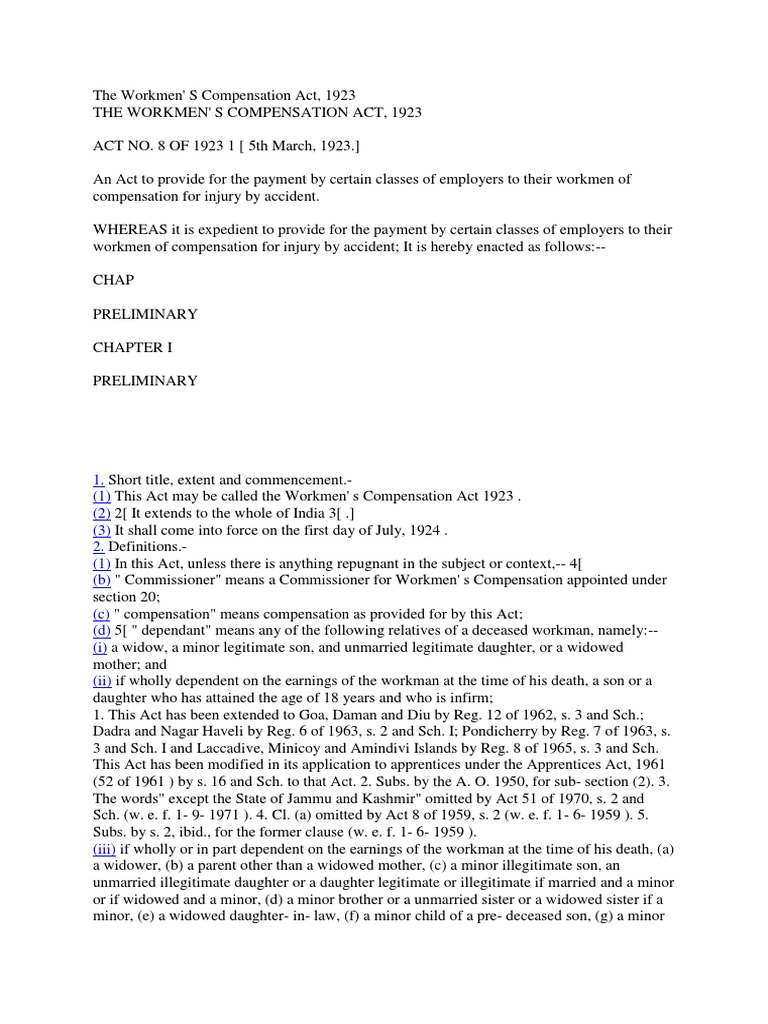 The Workmen's Compensation Act, 1923: An Act to Provide Payment of ...