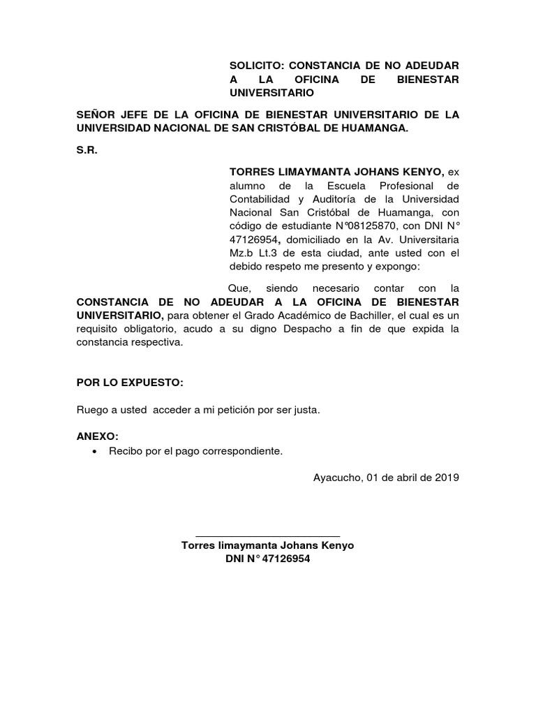 SOLICITUD DE No Adeudar Residencia | PDF