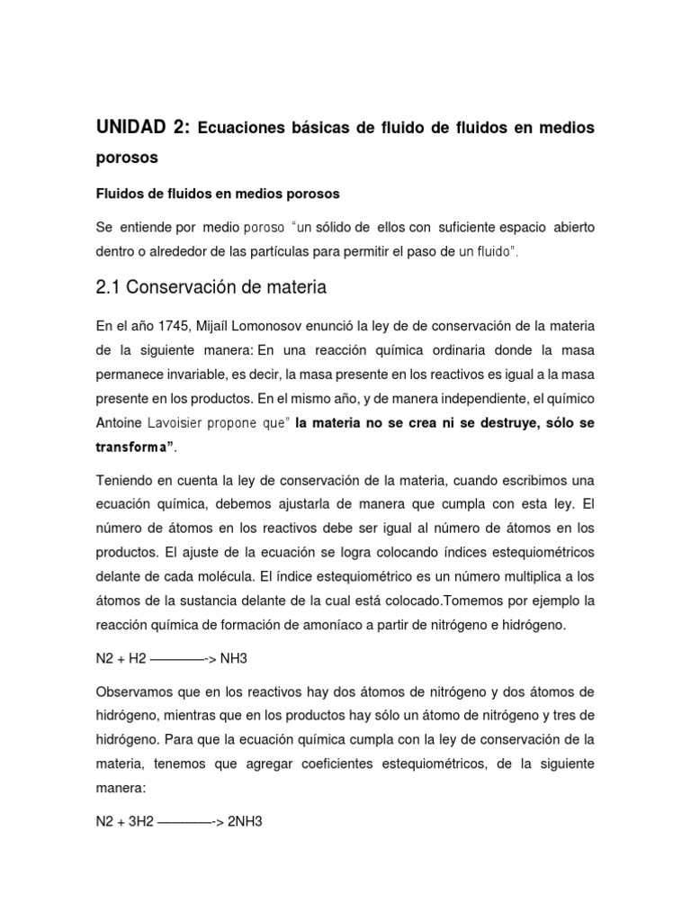 UNIDAD 2 Ecuaciones Básicas de Fluido de Fluidos en Medios Porosos | PDF | Estequiometría ...