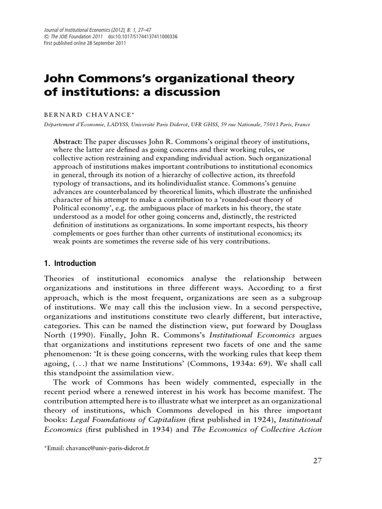 John Commons's Organizational Theory of Institutions: A Discussion ...