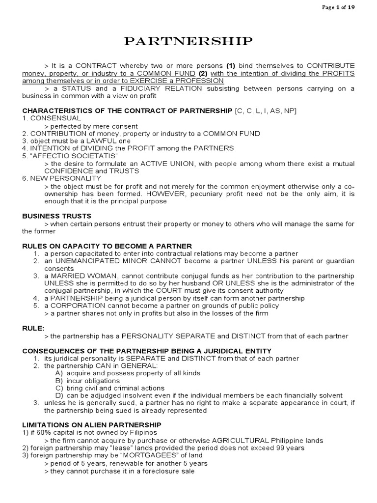 Partnership: Characteristics Of The Contract Of Partnership [C, C, L, I ...