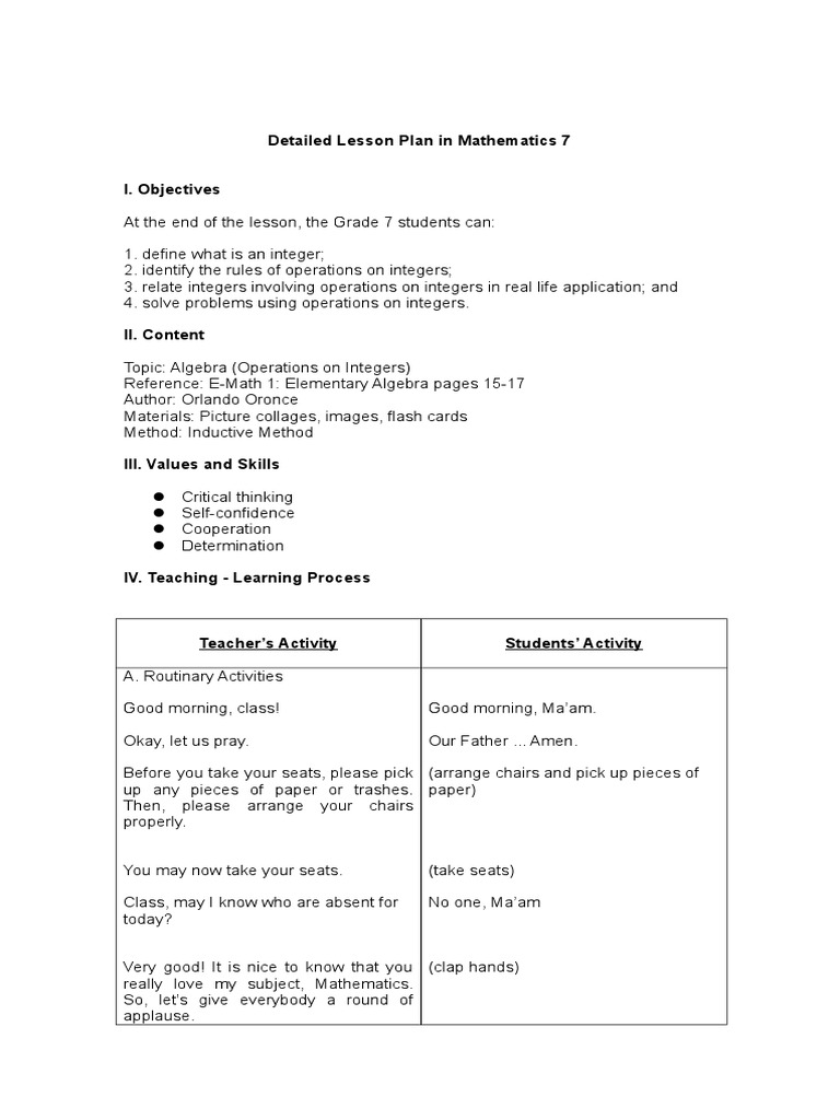 Detailed Lesson Plan in Mathematics 7 | PDF | Integer | Division ...