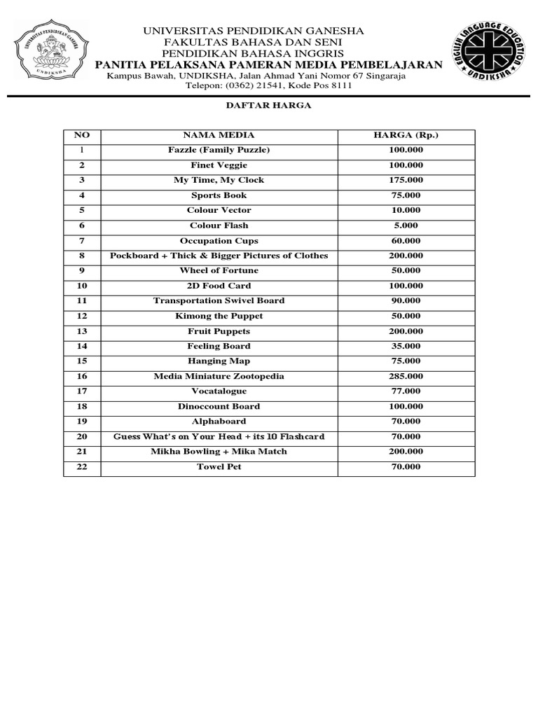 UNDIKSHA English Education Media Exhibition Price List | PDF