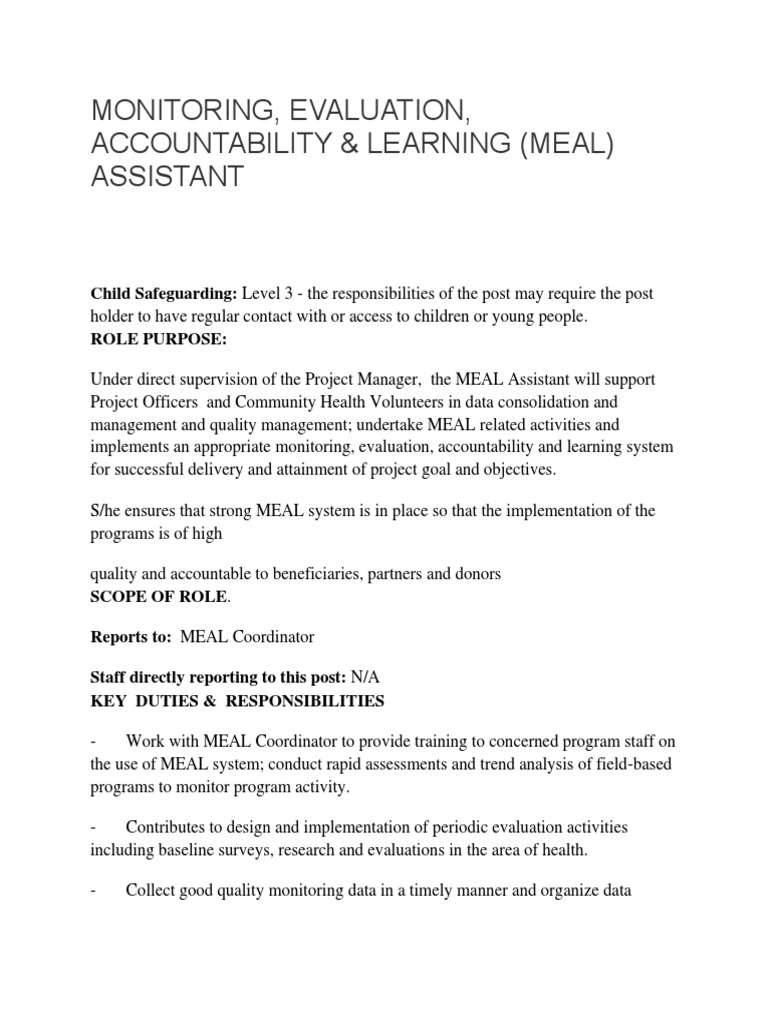 Monitoring, Evaluation, Accountability & Learning (Meal) Assistant ...