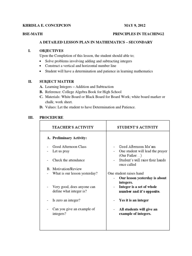 Detailed Lesson Plan: Adding Integers | PDF | Subtraction | Integer
